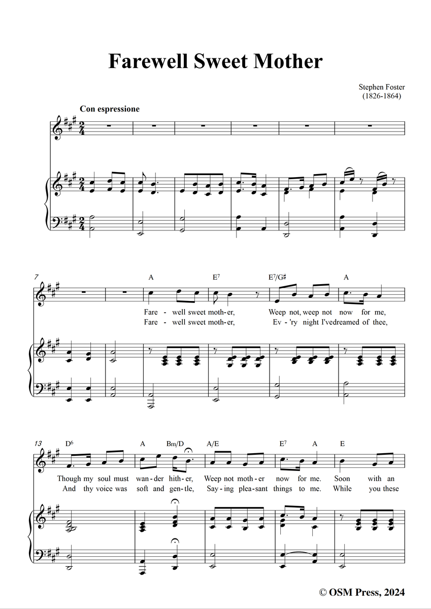 S. Foster Farewell Sweet Mother – Open Sheet Music