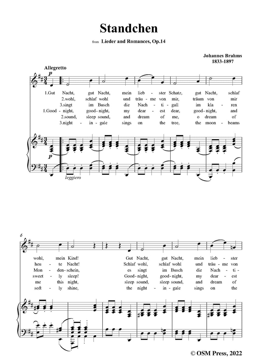 Brahms Standchen,Op.14 No.7,from 'Lieder and Romances',in D Major ...