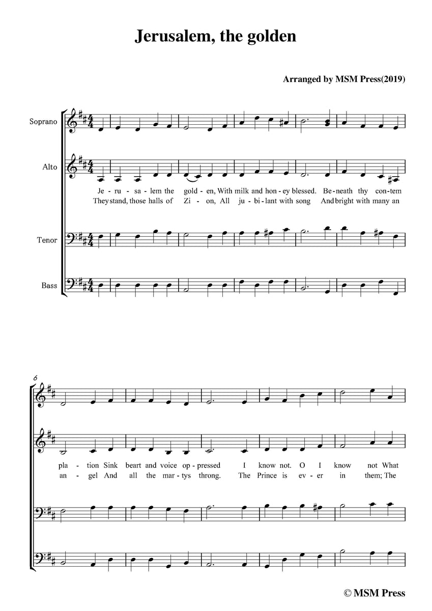 Nameless Christmas Carol,Jerusalem,the golden,in D Major,for 4 Voice ...
